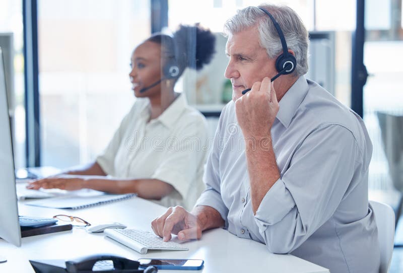 Phone Call, Customer Service and Man with Headset, Computer and Mature ...