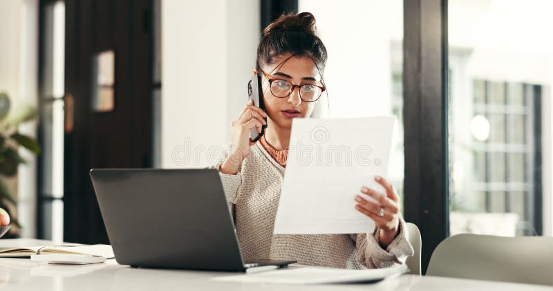 Phone Call, Document and Woman with Laptop for Remote Work in Home with ...