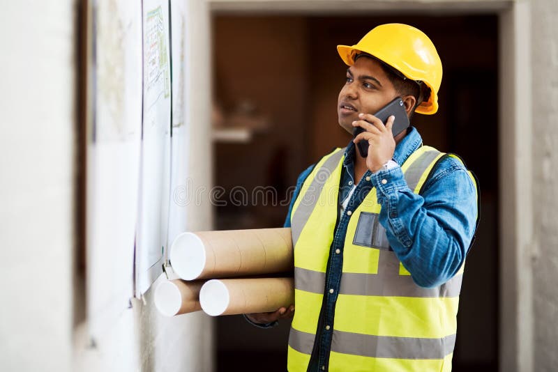Phone Call, Engineer and Man Talking of Blueprint Design, Update or ...