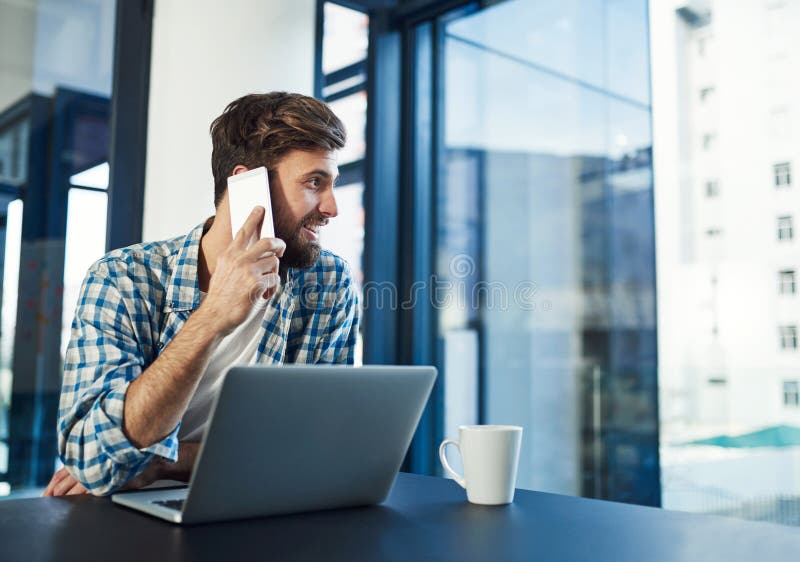 Phone Call, Laptop and Creative Man in Communication, Networking or ...