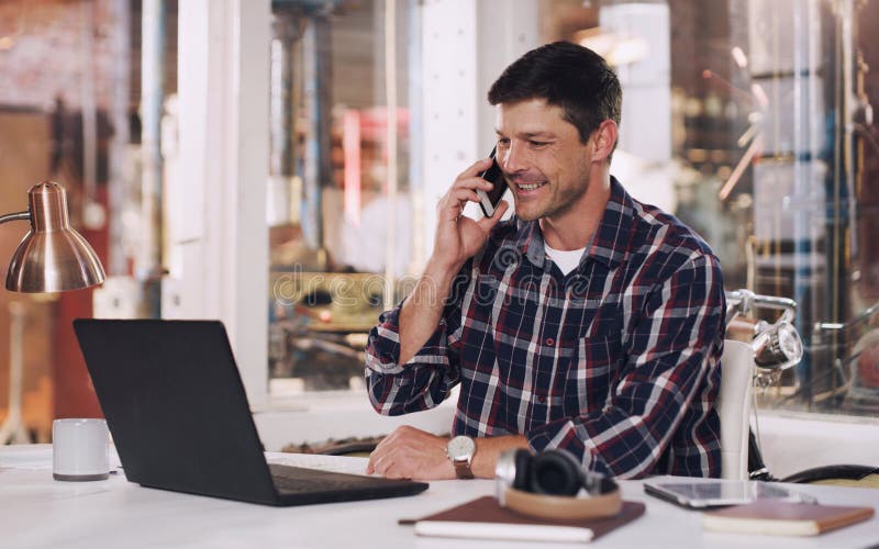 Phone Call, Laptop and Male Carpenter in the Workshop Doing Research ...