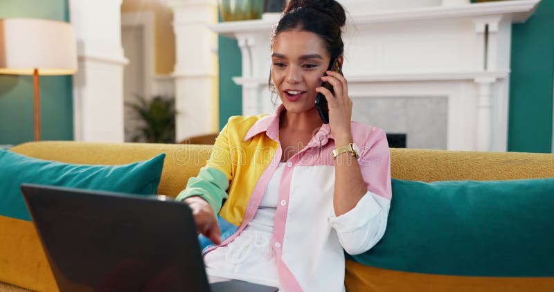 Phone Call, Laptop and Remote Work with Woman on Sofa for Networking ...