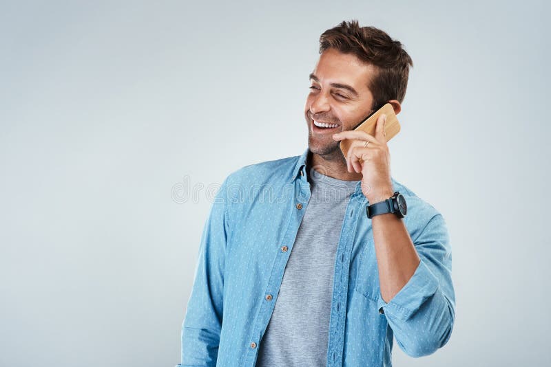 Phone Call, Laughing and Smile with Man in Studio on White Background ...