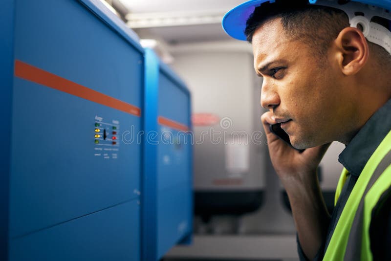 Phone Call, Man and Check with Engineer on Power Box, Control Room or ...