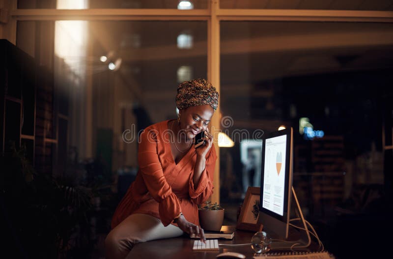 Phone Call, Night and Black Woman by Computer Screen in Office for Communication, Info and ...