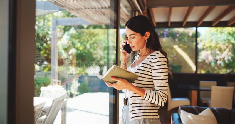 Phone Call, Notebook and Woman by Window in Home for Remote Work ...