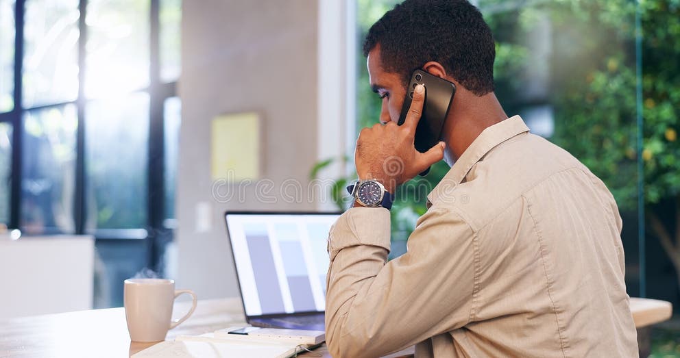 Phone Call, Remote Work and Chart with Man and Laptop for Planning ...