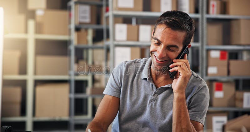 Phone Call, Smile and Supply Chain with Man in Distribution Center for ...