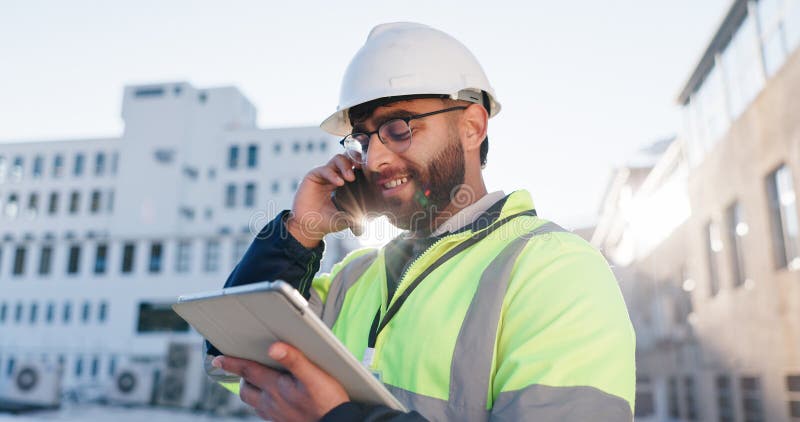 Phone Call, Tablet and Construction Engineer on Site with Communication ...