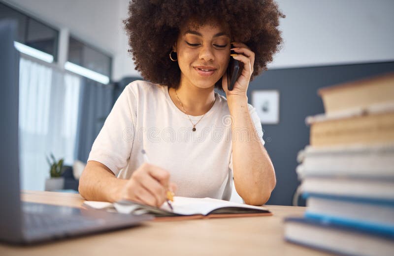 Phone Call, Writing and Notebook with Black Woman in Home Office for ...