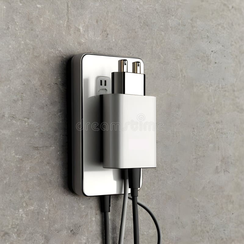 Phone Charger, Silver Plug, White Adapter, Black Cables, Gray Textured ...