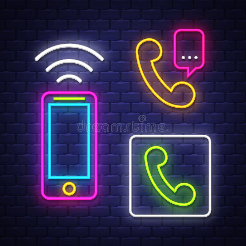 Phone Communication Neon Signs Collection Stock Vector - Illustration ...