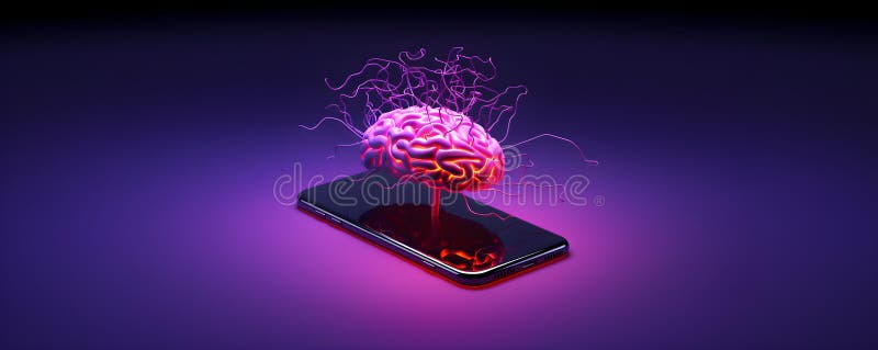 Phone is Connected To a Brain on Purple Backdrop Symbolizing Technology ...
