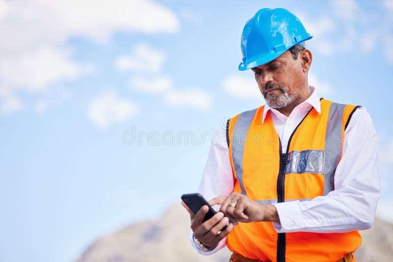 Phone, Construction Worker and Typing Communication in the City for ...