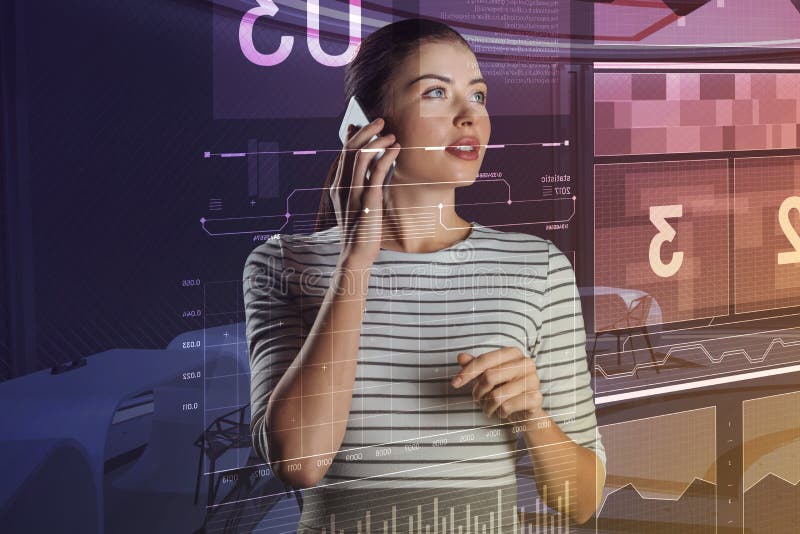 Calm Young Woman Looking at the Screen and Having a Phone Talk Stock ...