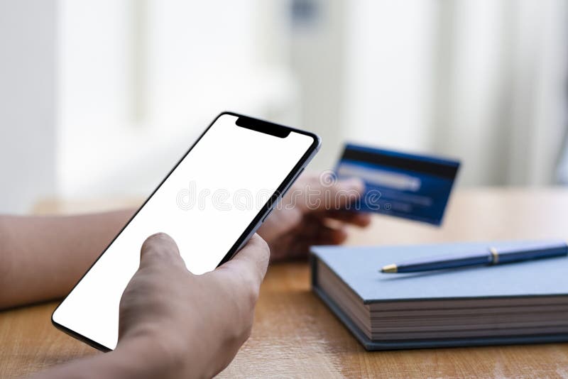 Mock Up Man Hands Using Mobile Smart Phone with Credit Card for ...