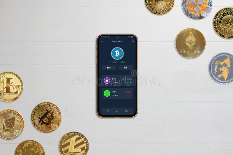 Phone with Crypto Wallet App Concept on Desk Surrounded by Crypto Coins ...