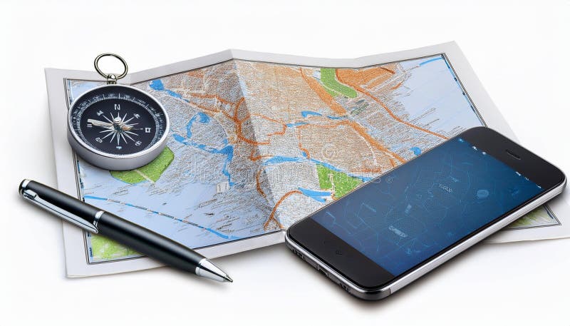 Phone with Digital Pen, Compass & Map Isolated Over White Stock ...
