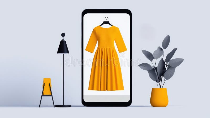 Phone Display with Yellow Dress and Decor Items Stock Illustration ...