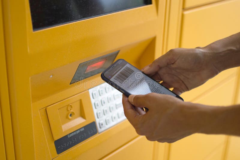 Phone Displaying a Barcode Next To a Locker Reader Stock Image - Image ...