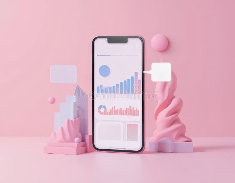 Phone Displaying Business Growth Charts and Speech Bubble on Pink ...