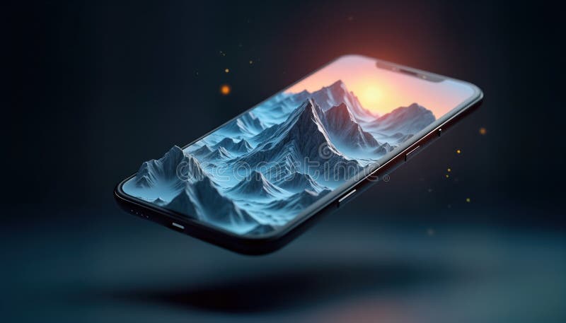 Phone Displays Virtual Mountain Landscape. Augmented Reality Tech ...