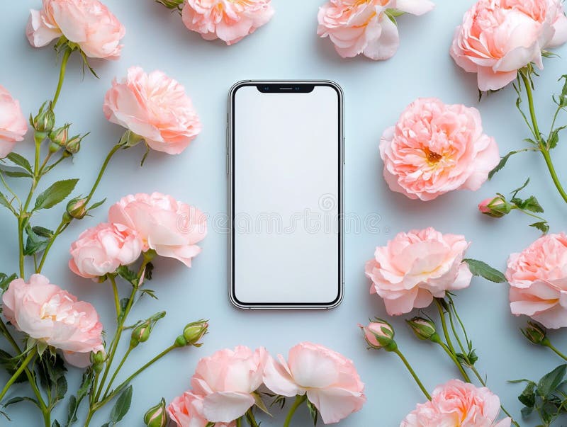 A Phone with an Empty Screen Surrounded by Pink Roses on a Light Blue ...