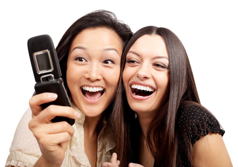 Two Girls Using Mobile Phones Stock Photo - Image of listening ...