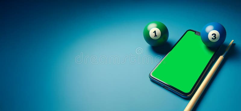 Phone with Green Screen on Blue Surface, Billiard Balls beside it ...