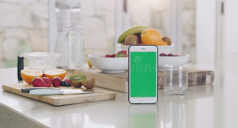 Phone, Green Screen and Kitchen with Fruit, Diet App and Table by ...