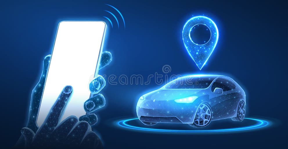 Phone in Hands with Blank Screen and Digital Car. Parking Application ...