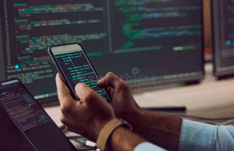 Phone In Hands Code And Man Coding Programmer And Software Update With Information Technology