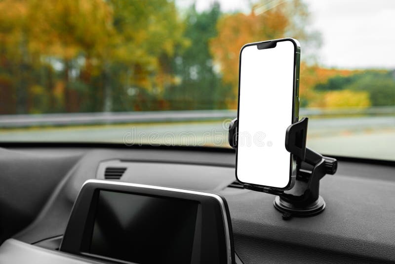 Phone Holder with White Screen on Car Dashboard. Stock Photo - Image of ...
