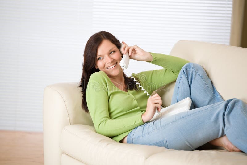 On the Phone Home: Smiling Woman Calling Stock Photo - Image of ...