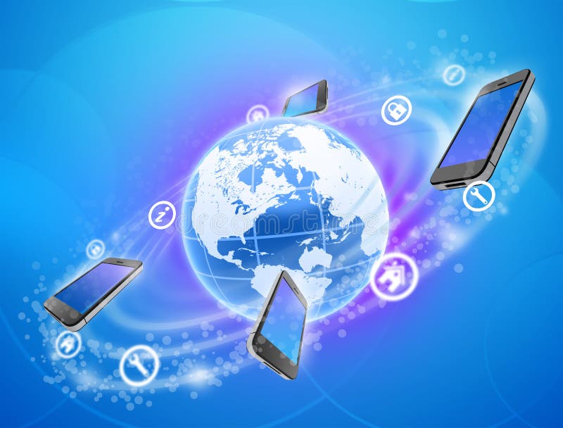 Phone and Icons Flying Around Globe World Map. Stock Illustration ...