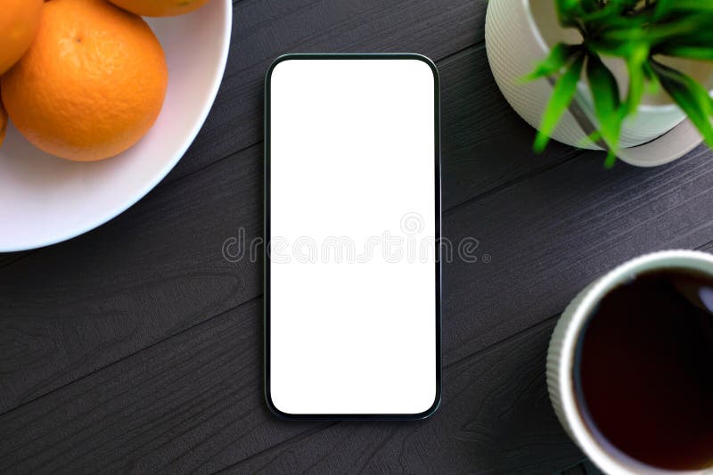 .phone with Isolated Screen on Dark Wooden Table in Cafe Stock Photo - Image of screen, showing ...