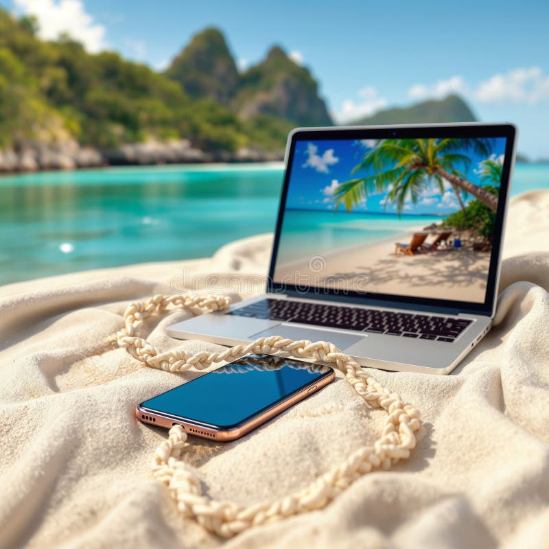 Phone and Laptop with Chain on Beach, Generative Ai Stock Illustration ...