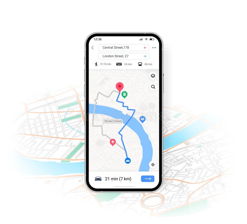 Phone Map UI. Mobile Application with Transport Location and Route ... Phone Map UI. Mobile Application with Transport Location and Route ...
