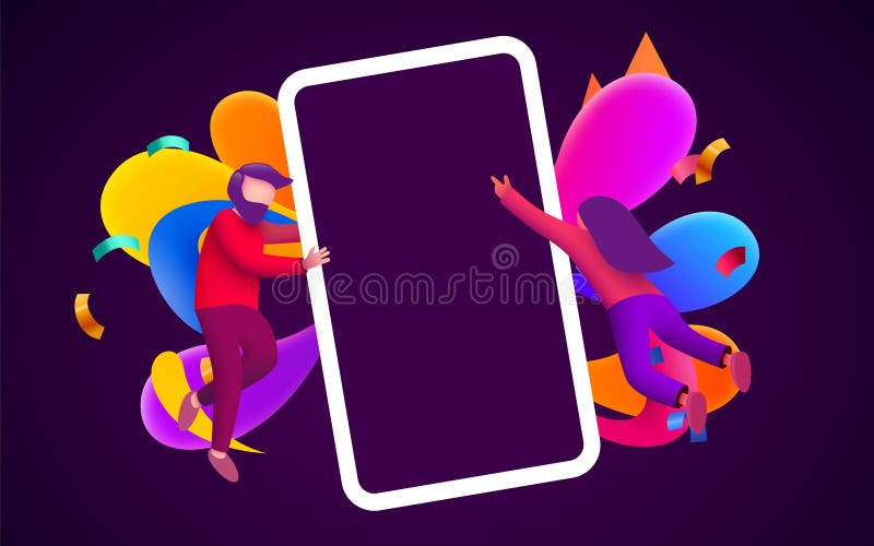 Phone Mockup and Small People Flying Around. Color Explosion Stock ...