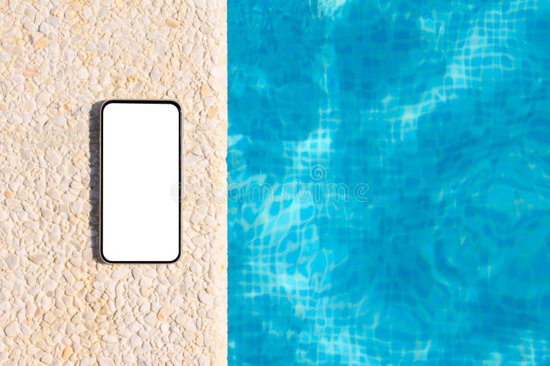 Phone by the Pool with Blue Water. Blank White Smartphone Display Stock ...