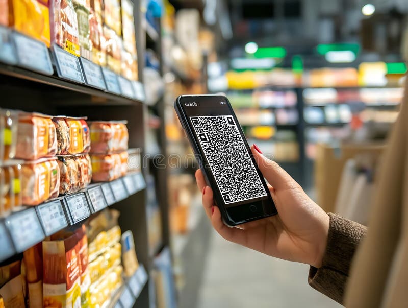 A Phone with a Qr Code in a Grocery Store, a Digital Information or ...