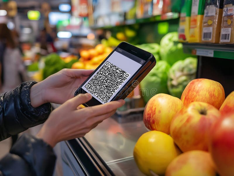 A Phone with a Qr Code in a Produce Section, a Digital Transaction ...