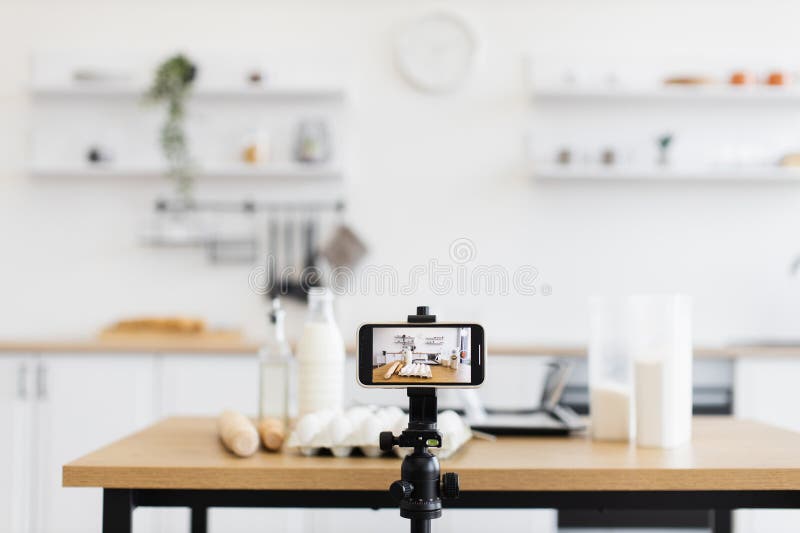 Phone Recording a Baking Setup in a Bright Modern Kitchen Stock Image ...