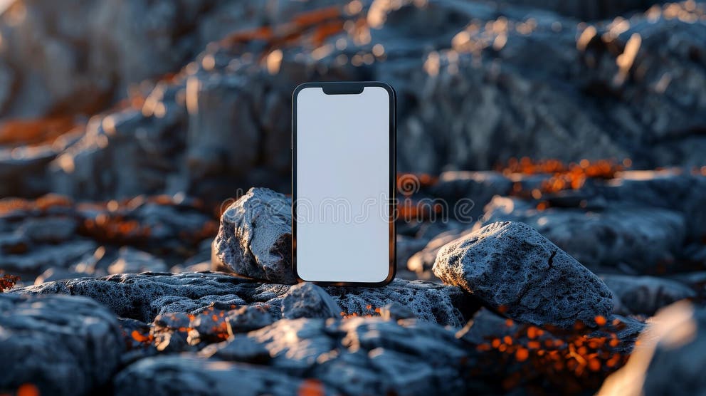 Phone and Rocks Mockup on Rugged Surface Dark Theme Stock Photo - Image ...