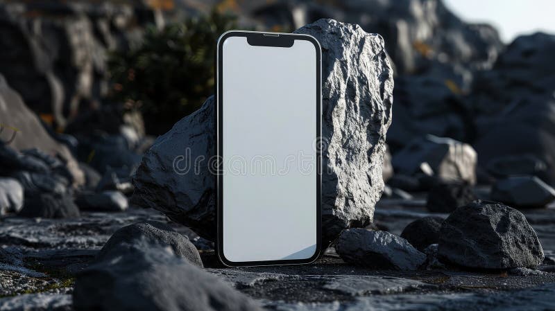 Phone and Rocks Mockup on Rugged Surface Dark Theme Stock Photo - Image ...