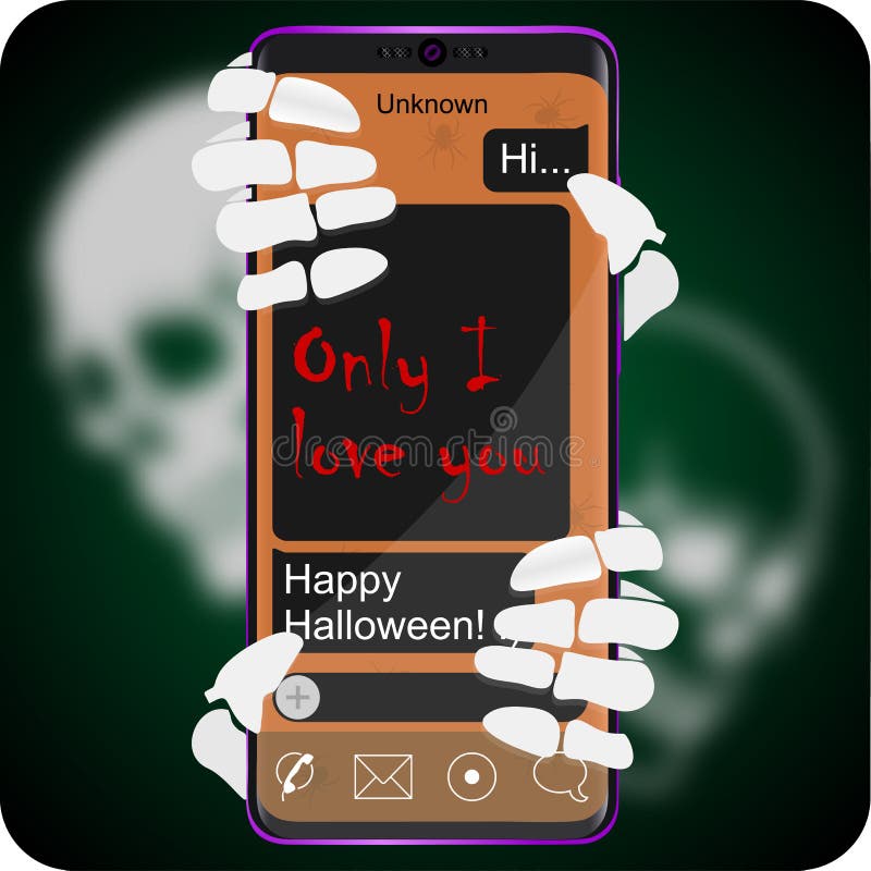 Phone with Scary Halloween Text. the Skeleton is Holding the Phone ...