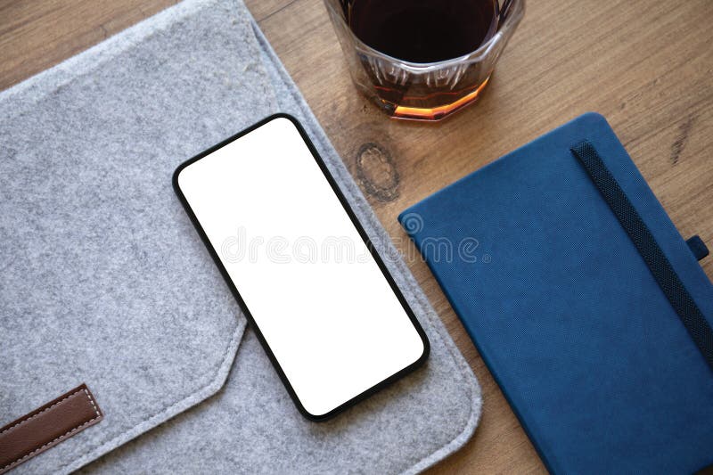 Phone with Screen Background Wooden Table with Blue Notepad Stock Image ...