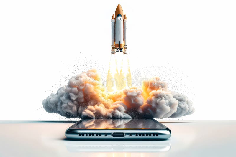 Phone is Shown with a Rocket Launching in the Background. Stock Image ...