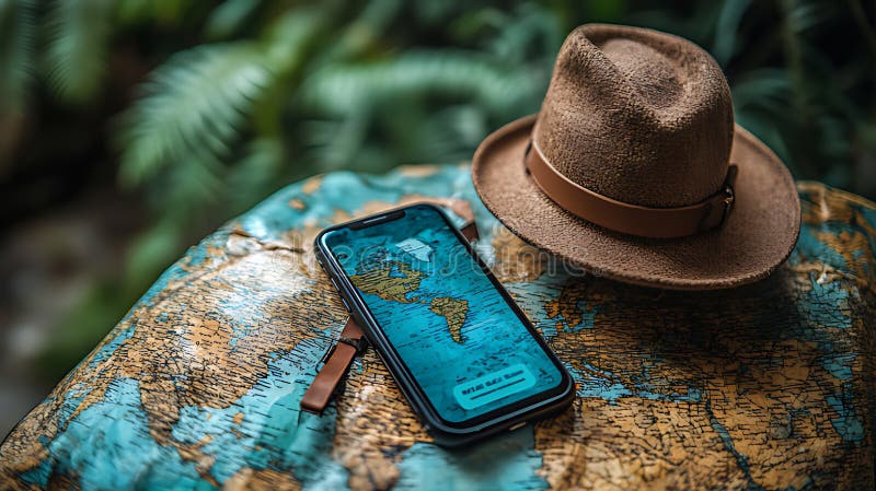 Phone Shows Map, Hat on World Map, Jungle Backdrop Travel Planning ...