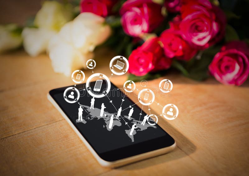 Phone on Table with Roses and White Interface Stock Photo - Image of ...